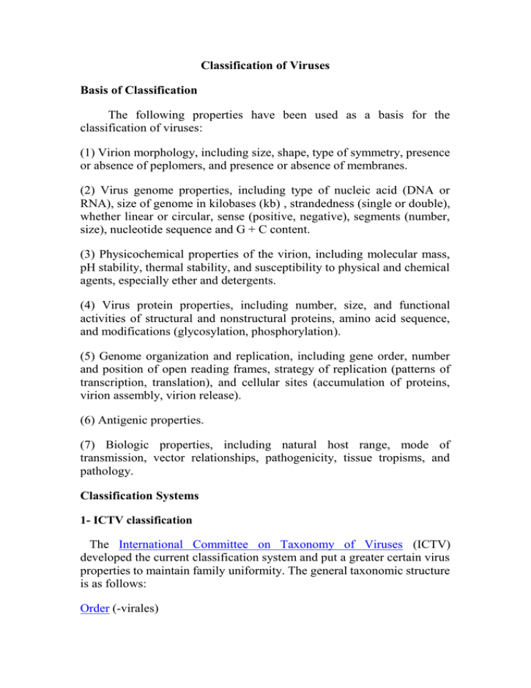 Virus Classification: ICTV, Baltimore, Holmes, LHT Systems