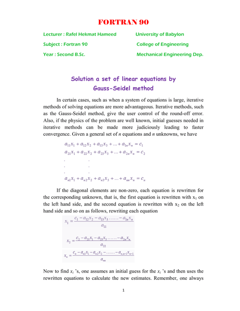 Gauss-Seidel Method in Fortran 90: Linear Equation Solver