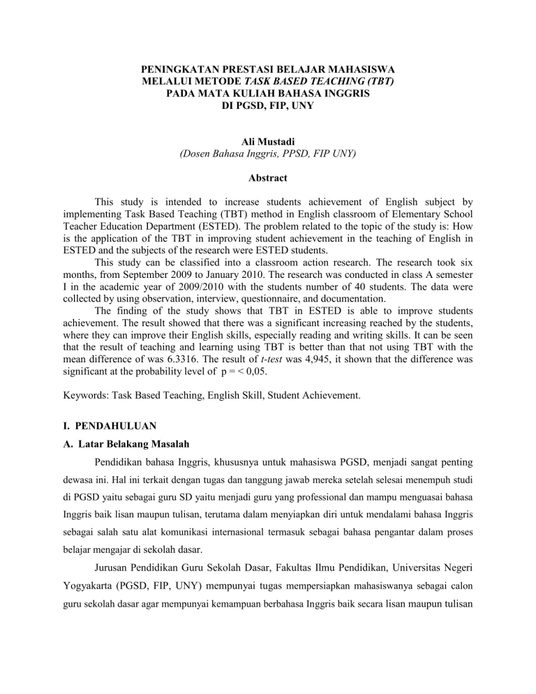Task Based Teaching (TBT) & Successo in Inglese a PGSD, UNY