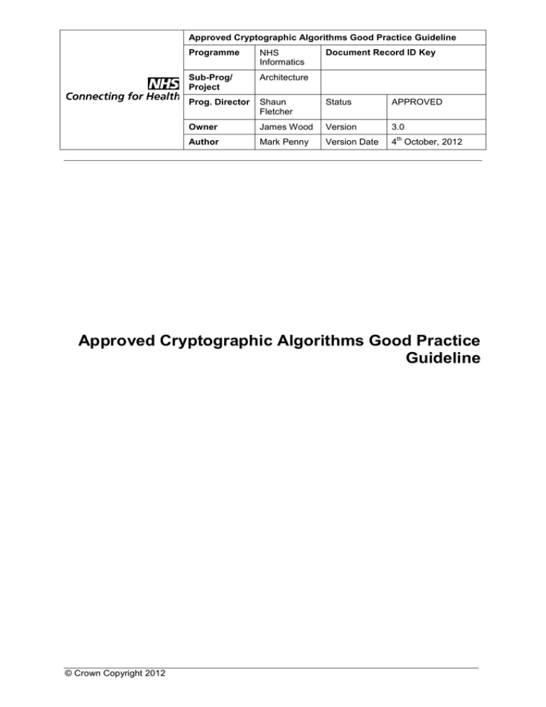 NHS Informatics Architecture Approved Cryptographic Algorithms Good ...