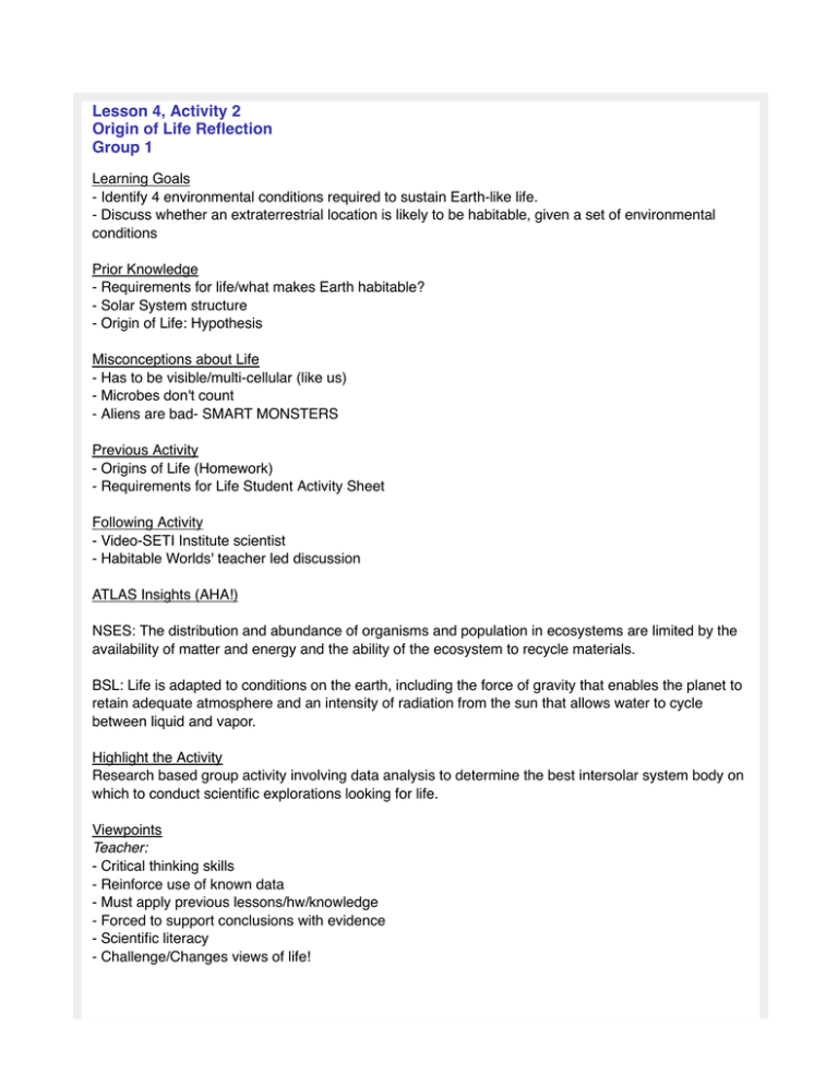Origin of Life Reflection: Lesson Plan & Activity