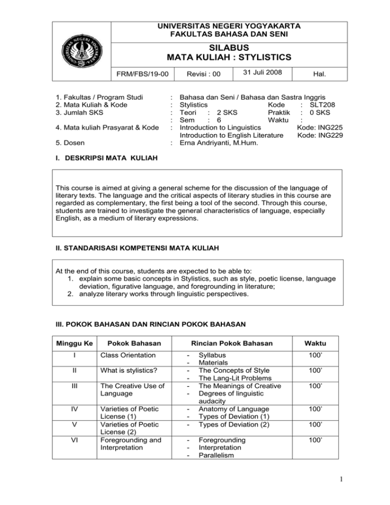 Stylistics Syllabus: Language & Literary Analysis