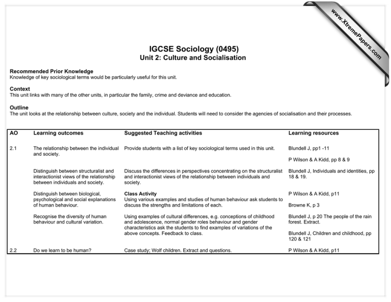 IGCSE Sociology: Culture & Socialisation Unit Plan