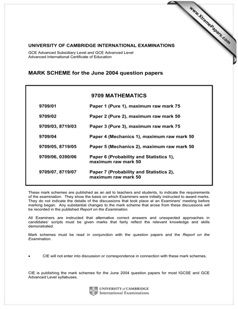 June 2004 CIE Mathematics Mark Scheme (9709)
