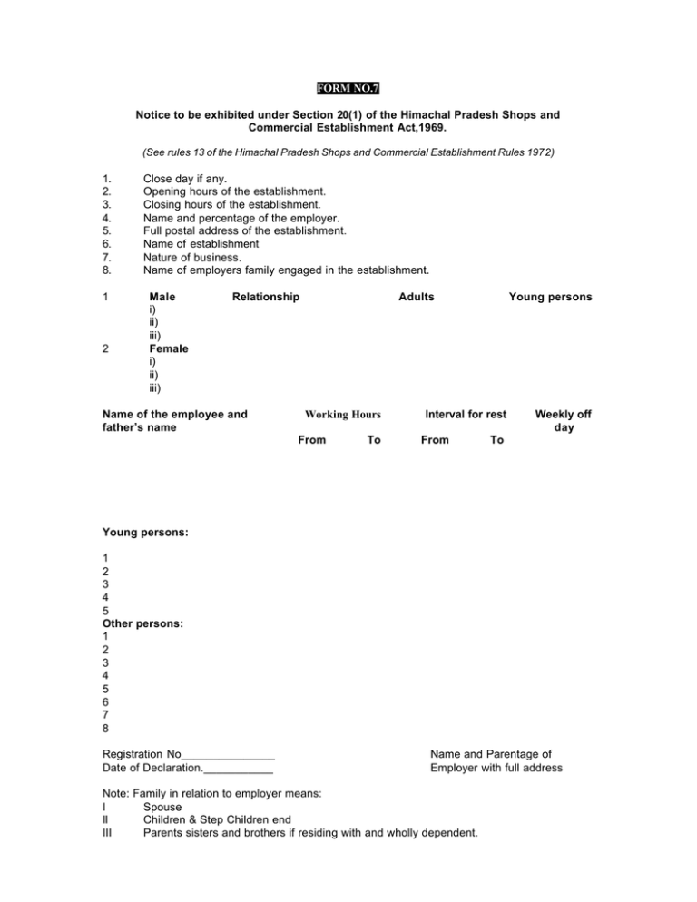 FORM NO.7 Commercial Establishment Act,1969.