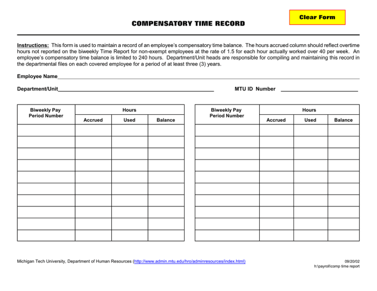 Compensatory Time Record Form - Michigan Tech