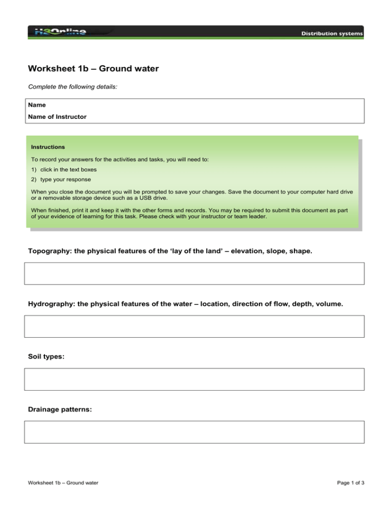 Ground water Worksheet 1b Complete the following details:
