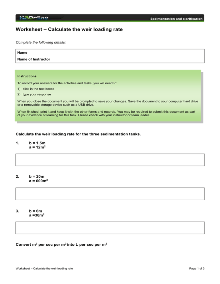 Weir Loading Rate Worksheet: Calculations & Conversions