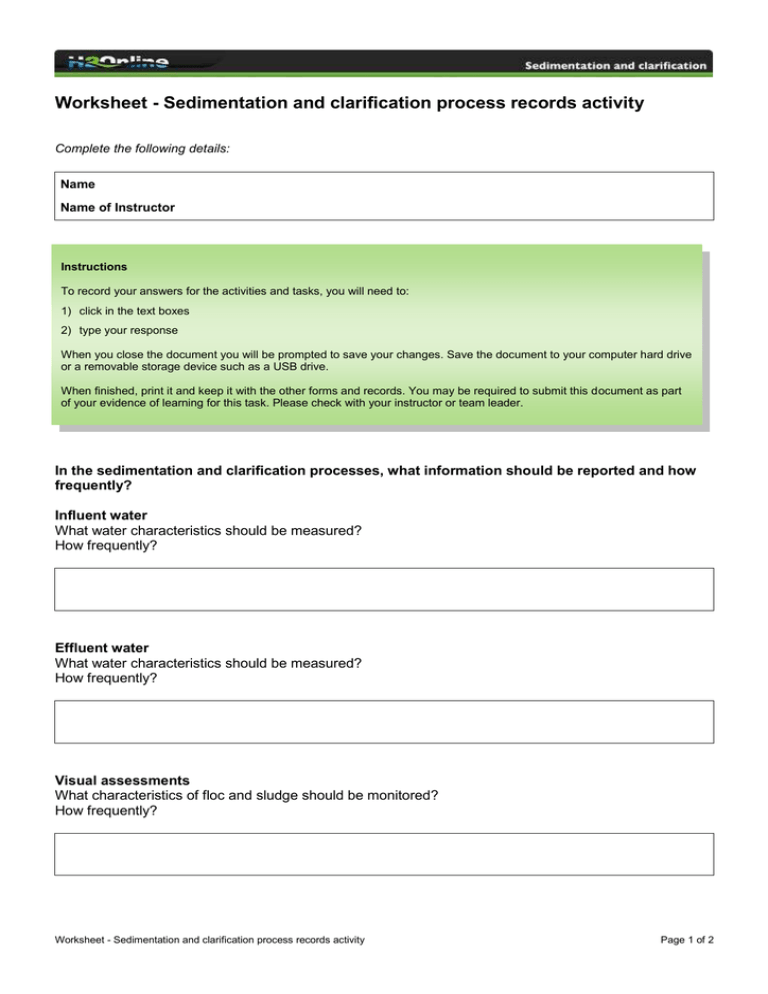 Worksheet - Sedimentation and clarification process records activity Name