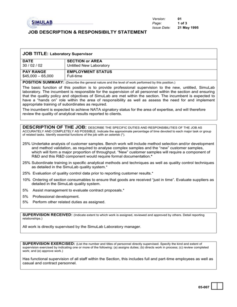 Laboratory Supervisor Job Description - SimuLab