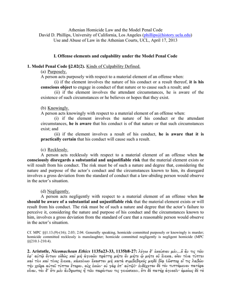 Athenian Homicide Law and the Model Penal Code ngeles ( )