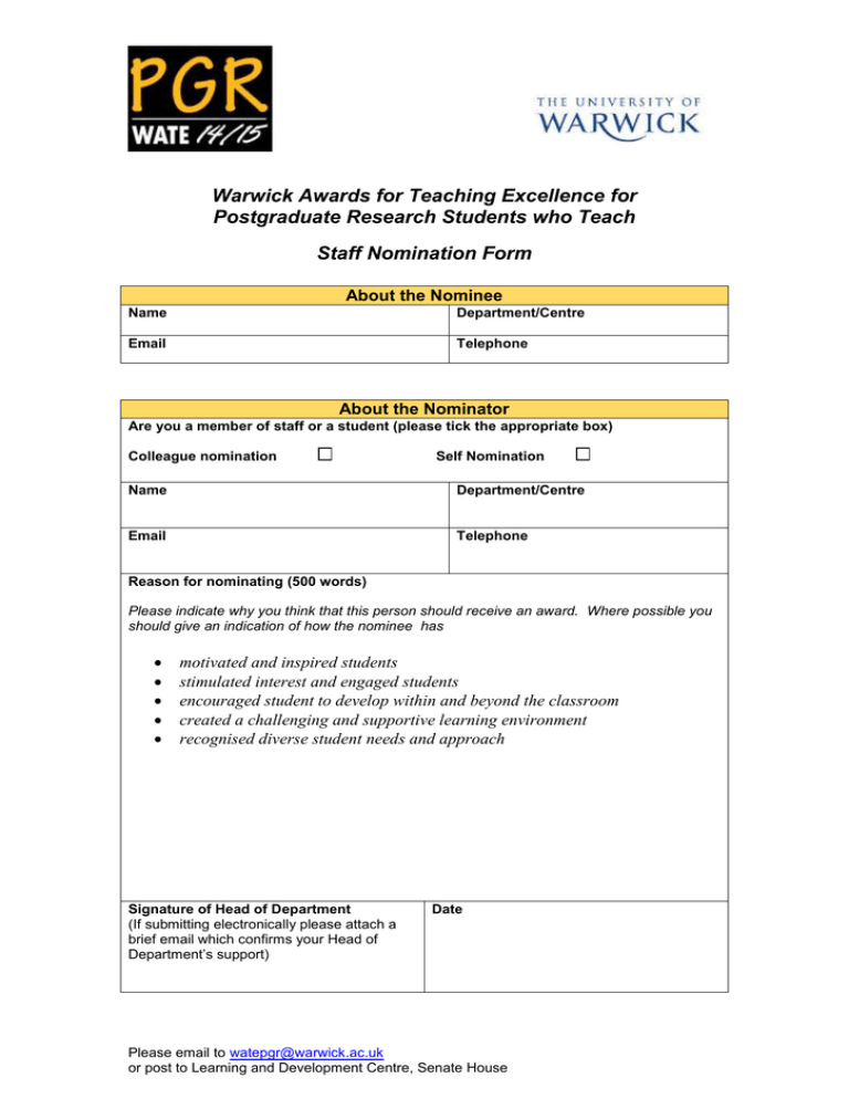 Warwick Awards for Teaching Excellence for Postgraduate Research ...