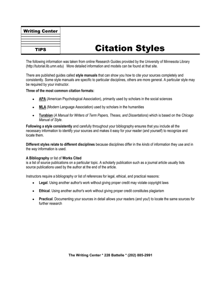 Citation Styles Writing Center TIPS