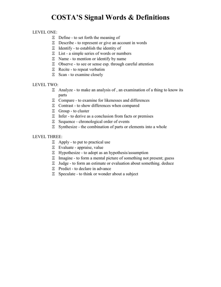 Costa's Levels of Thinking: Signal Words & Definitions