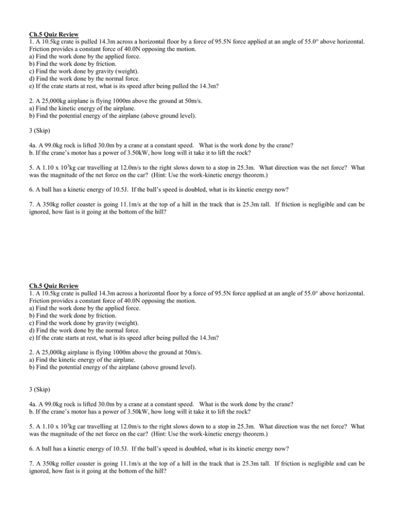 Physics Quiz Review: Work, Energy, and Power