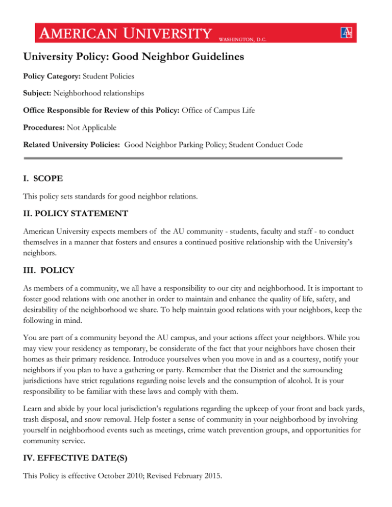 University Policy: Good Neighbor Guidelines