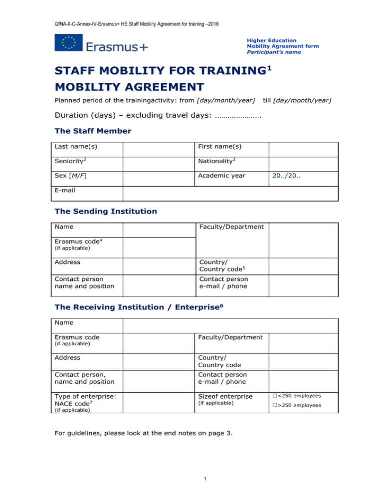 Erasmus+ Staff Mobility Agreement for Training