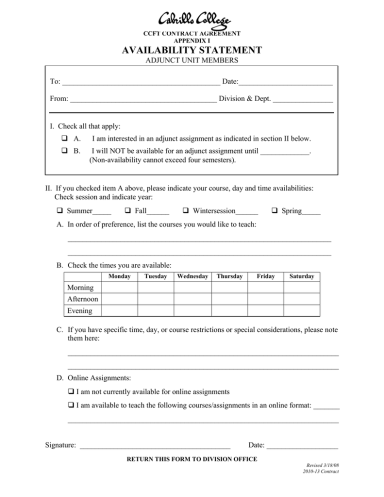 AVAILABILITY STATEMENT