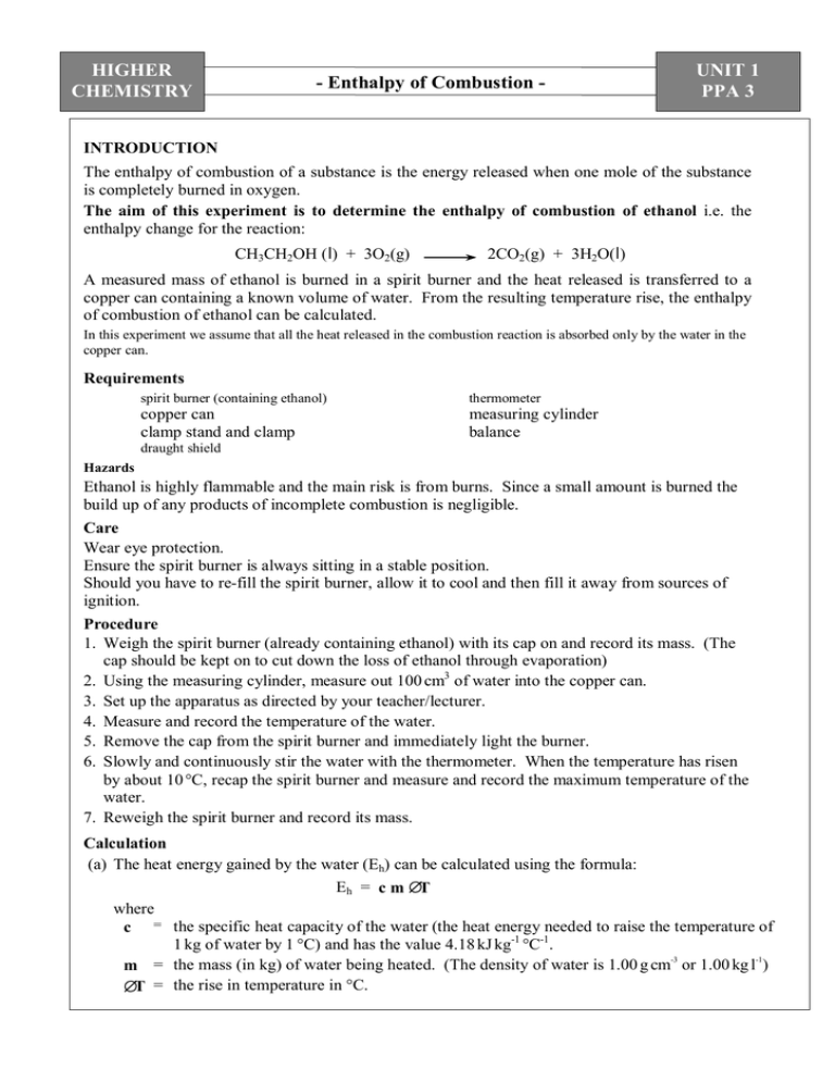 Enthalpy of Combustion: Chemistry Experiment & Assessment