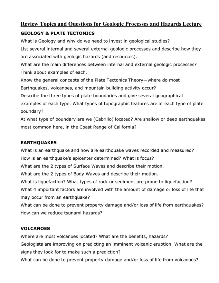 Geology Review Questions: Plate Tectonics, Earthquakes, Volcanoes