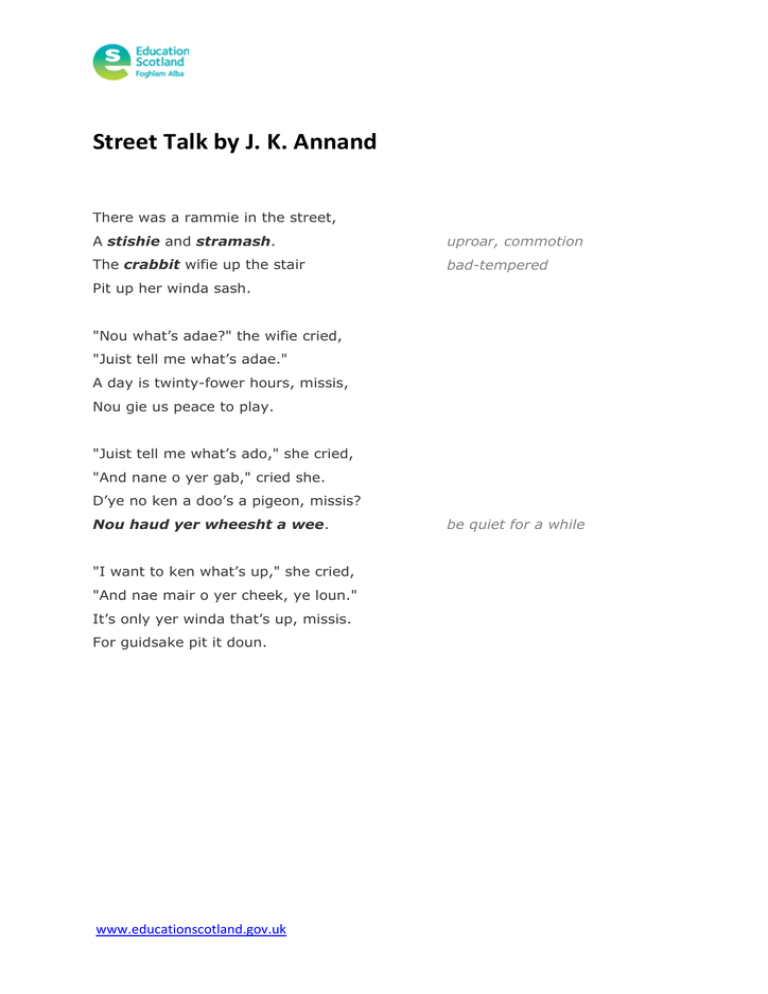Street Talk Poem by J.K. Annand: Scottish Dialect