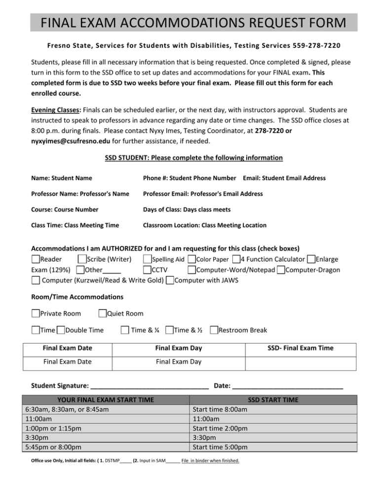 FINAL EXAM ACCOMMODATIONS REQUEST FORM