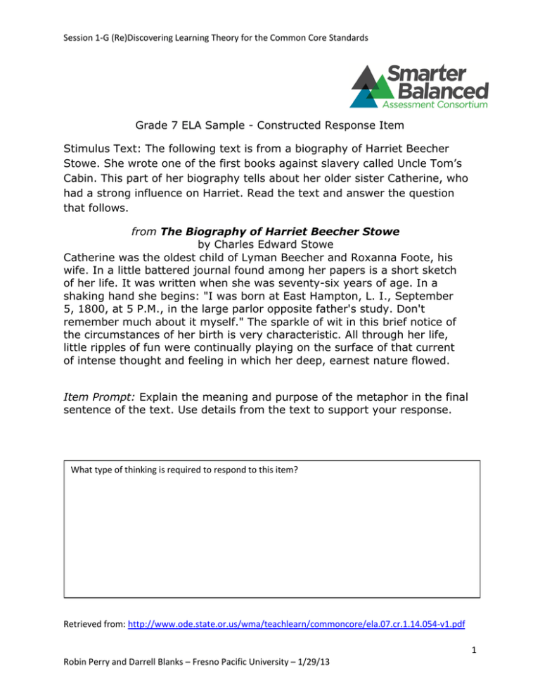 Grade 7 ELA Sample - Constructed Response Item