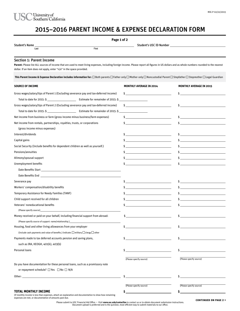 2015–2016 PARENT INCOME & EXPENSE DECLARATION FORM Section 1: Parent Income
