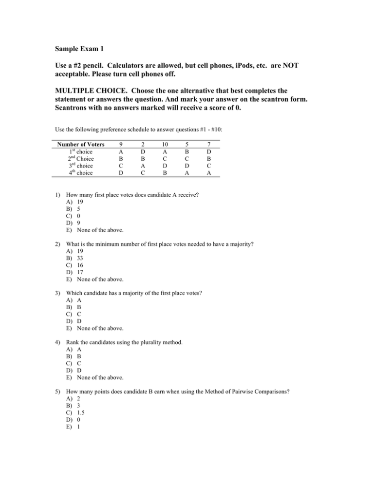 Sample Exam: Social Choice & Weighted Voting Systems