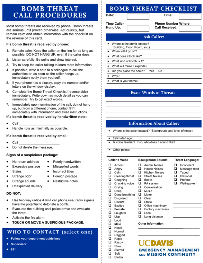 Bomb Threat Call Procedures & Checklist