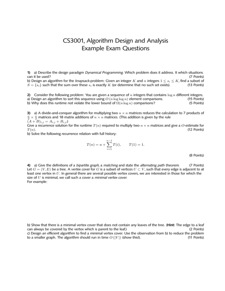 CS3001, Algorithm Design and Analysis Example Exam Questions
