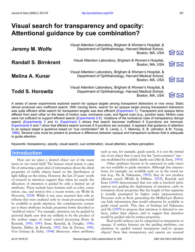 Visual search for transparency and opacity: Attentional guidance by cue ...