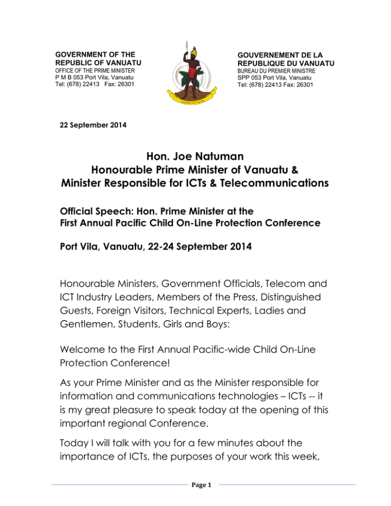 GOVERNMENT OF THE GOUVERNEMENT DE LA REPUBLIC OF VANUATU REPUBLIQUE DU ...