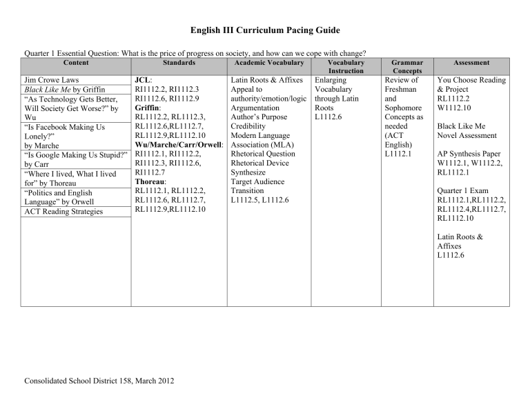 English III Curriculum Pacing Guide