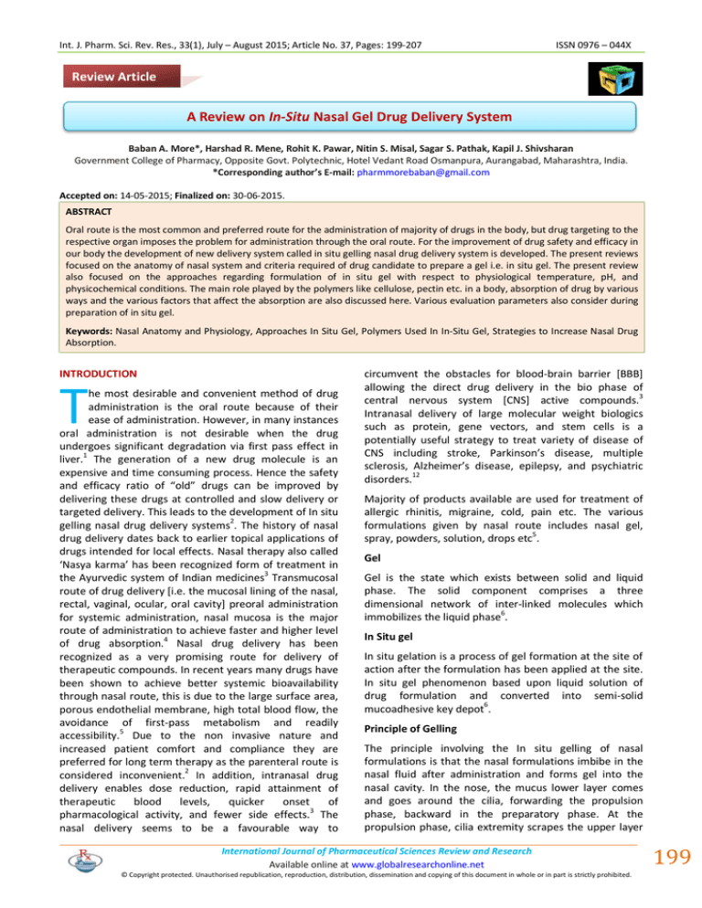 In-Situ Nasal Gel Drug Delivery System Review