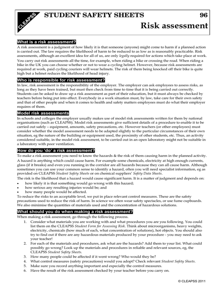 Risk Assessment: Student Safety Sheet Guide