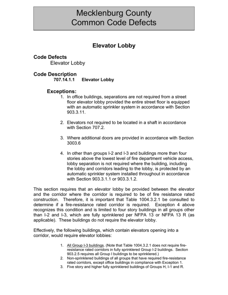 Mecklenburg County Common Code Defects Elevator Lobby Code Defects