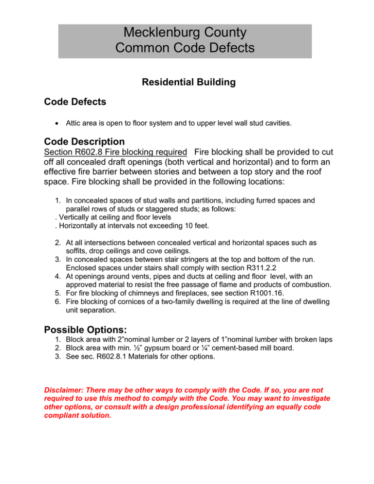 Mecklenburg County Common Code Defects Residential Building