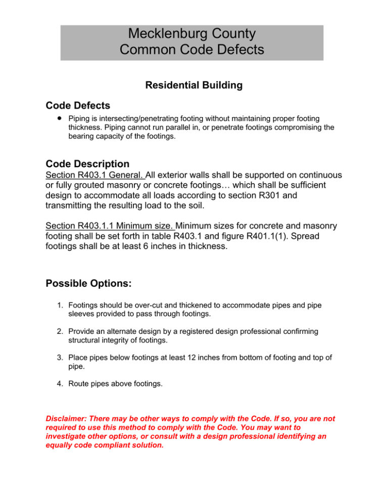 Mecklenburg County Common Code Defects Residential Building