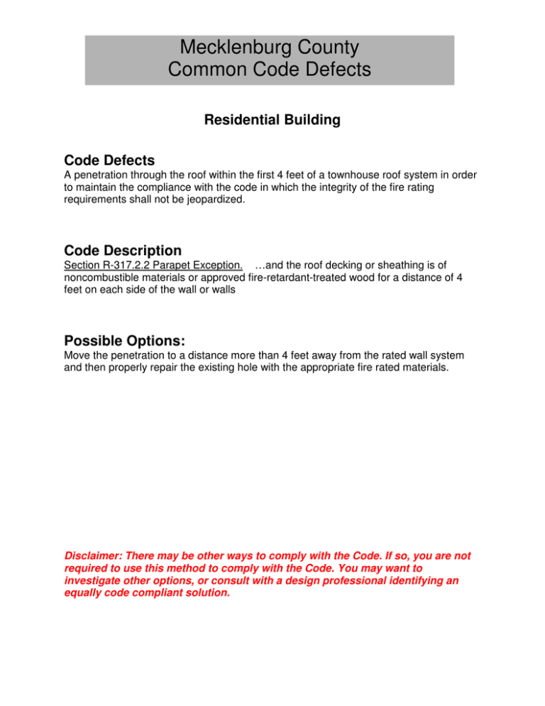 Mecklenburg County Common Code Defects Residential Building