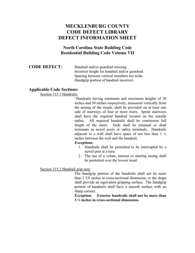 MECKLENBURG COUNTY CODE DEFECT LIBRARY DEFECT INFORMATION SHEET North Carolina State Building Code