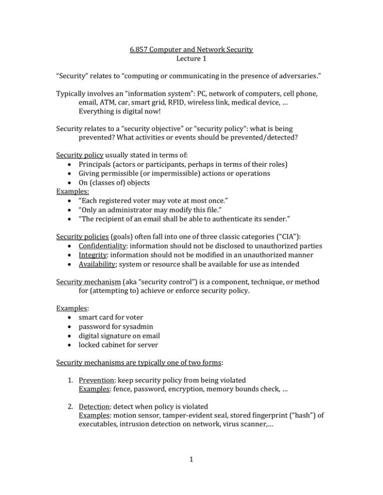 Computer & Network Security Lecture: CIA, Threats, Vulnerabilities