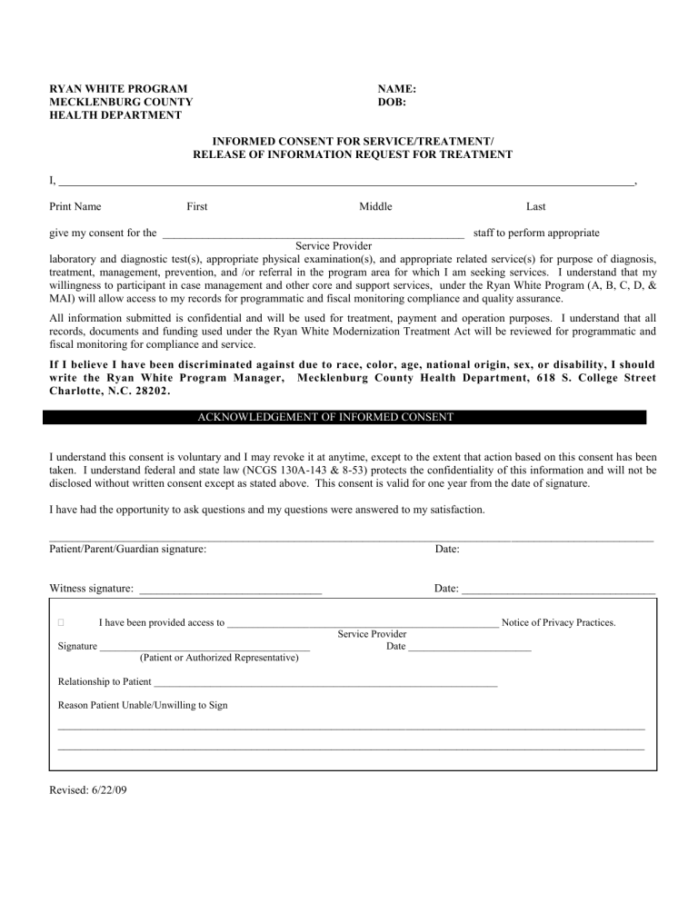 RYAN WHITE PROGRAM NAME: MECKLENBURG COUNTY