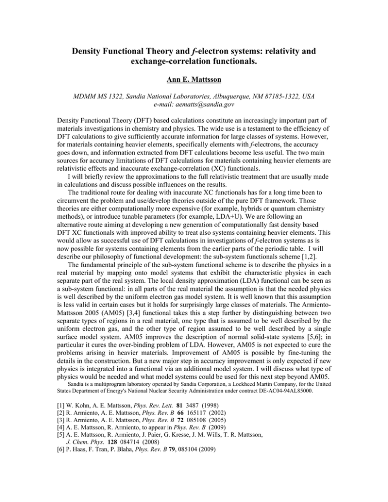 f exchange-correlation functionals. Ann E. Mattsson