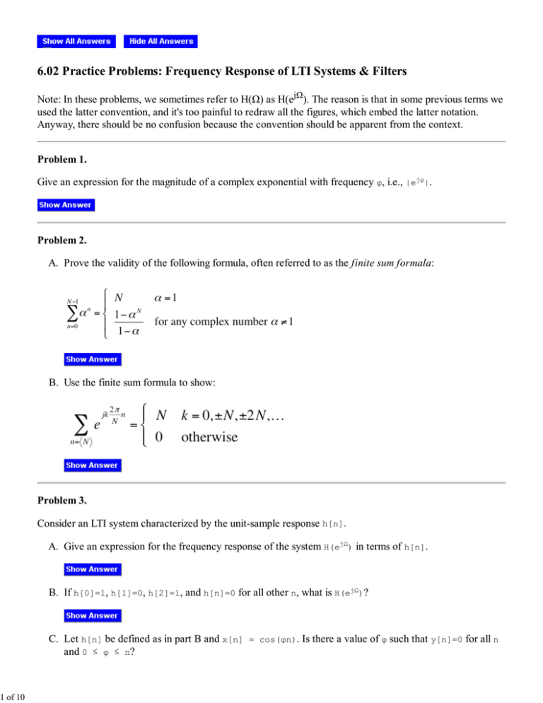 LTI Systems & Filters: Frequency Response Practice Problems