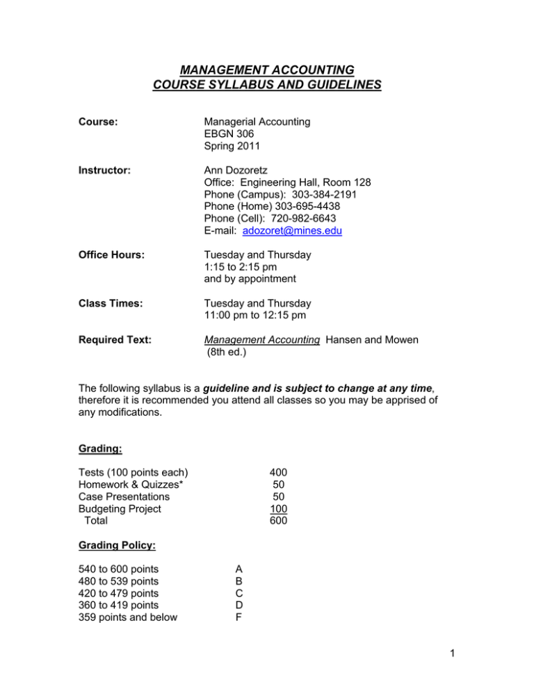 MANAGEMENT ACCOUNTING COURSE SYLLABUS AND GUIDELINES