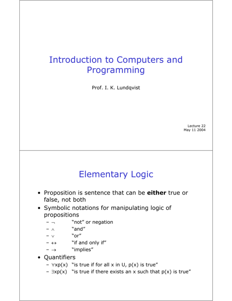 Introduction To Computers And Programming Elementary Logic