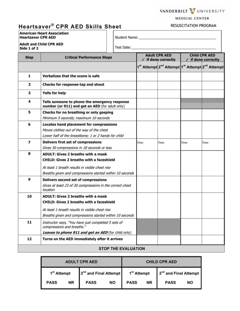 Heartsaver CPR AED Skills Sheet | AHA Guidelines
