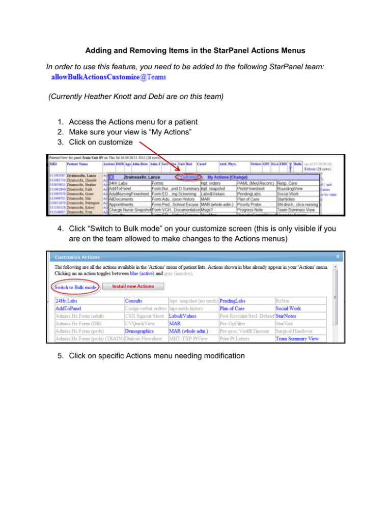 Adding and Removing Items in the StarPanel Actions Menus