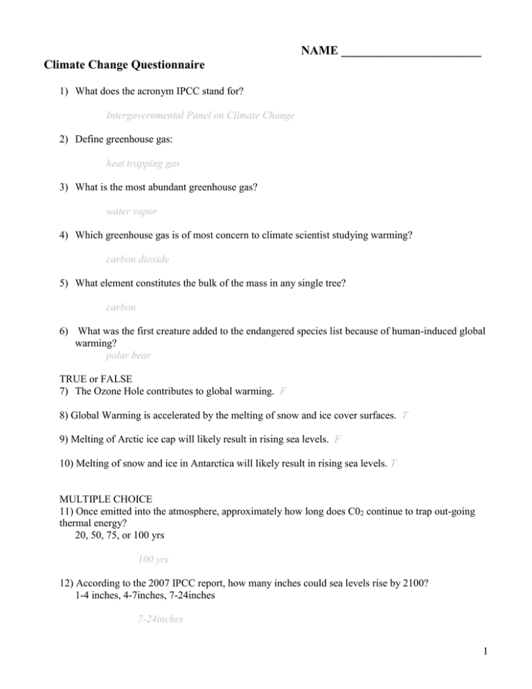 Climate Change Questionnaire: IPCC, Greenhouse Gases